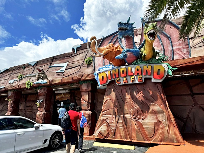 The exterior of DinoLand Cafe looks like Fred Flintstone's architect got a degree and went upscale. Those faux rock walls practically scream "prehistoric fine dining!"