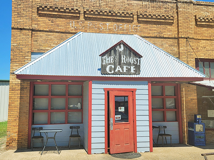 The blue exterior and iconic red door of The Roost Cafe stand as a beacon of hope for hungry travelers in Eustace. Small-town charm at its finest!