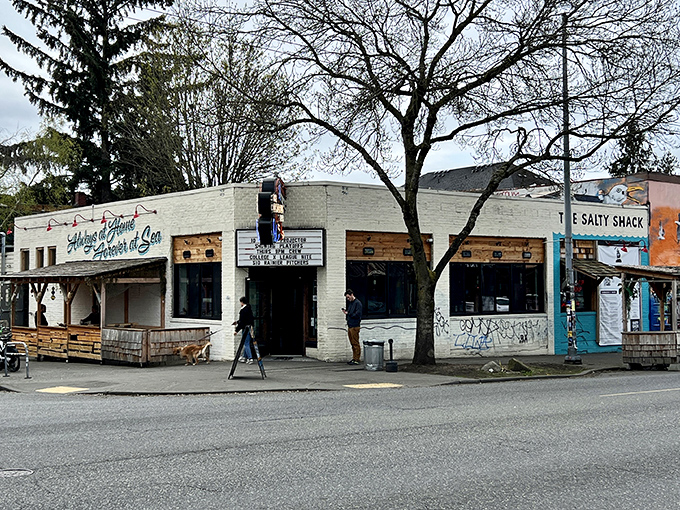 The white brick facade of The Octopus Bar might seem unassuming, but that blue cephalopod sign promises an evening of maritime mischief awaits inside. 