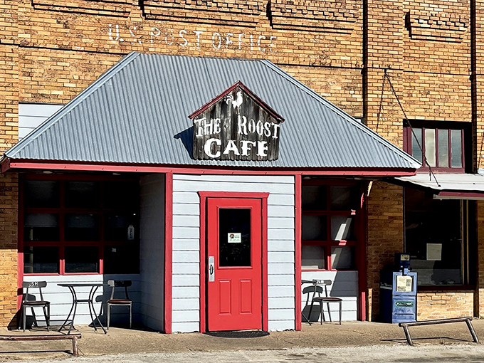 The blue exterior and iconic red door of The Roost Cafe stand as a beacon of hope for hungry travelers in Eustace. Small-town charm at its finest!