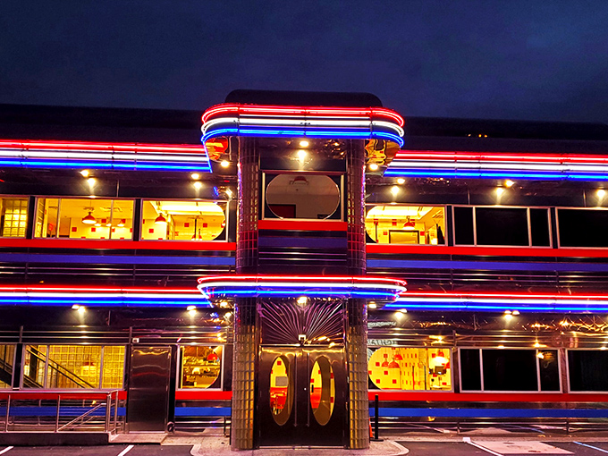 The gleaming chrome exterior of Goobers Diner shines like a beacon of nostalgia, promising a trip back to simpler times when calories didn't count and chrome was king.