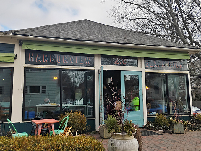The mint-green exterior of Harborview Market stands like a beacon of breakfast hope in Bridgeport's Black Rock neighborhood. Morning salvation awaits inside. 