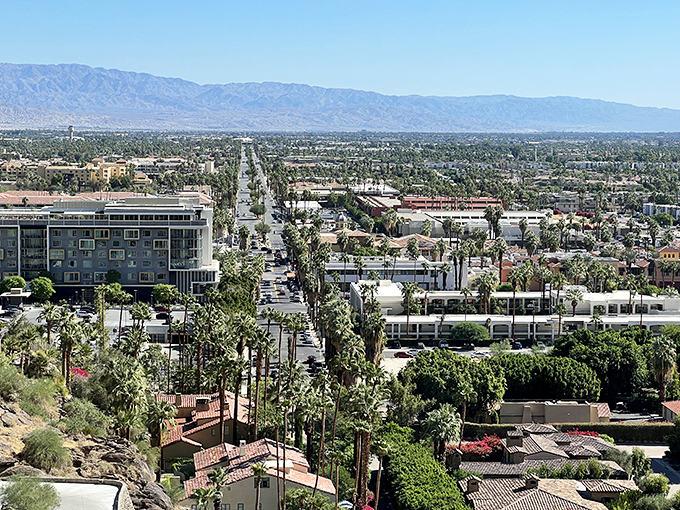 Palm-lined streets meet majestic mountains in this quintessential Palm Springs vista. Mother Nature's perfect backdrop for your treasure-hunting adventures.
