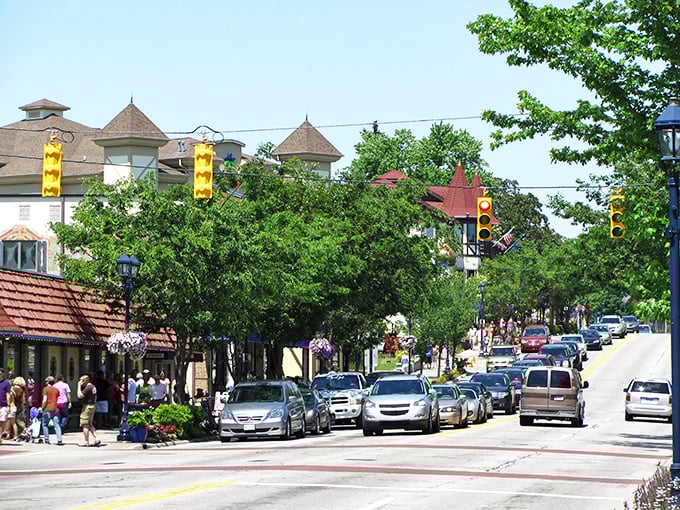 Main Street Frankenmuth looks like someone shrink-wrapped a Bavarian village and dropped it in the Michigan countryside. Those flags aren't just for show—they're waving "willkommen!"