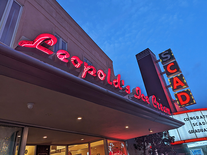 The iconic peach-colored fa&ccedil;ade with that glowing neon sign feels like a beacon of sweetness on Broughton Street. Savannah's dessert landmark awaits.