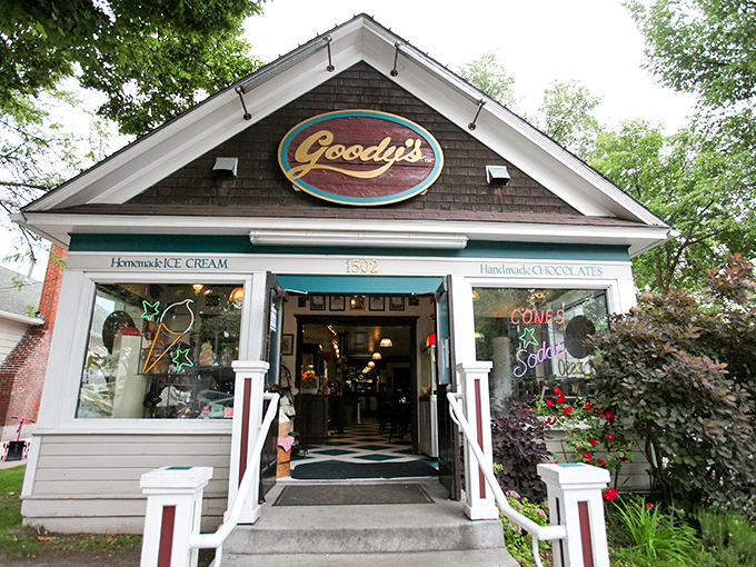 The storybook charm of Goody's exterior beckons like a sweet childhood memory come to life. Homemade ice cream awaits inside this quaint cottage.