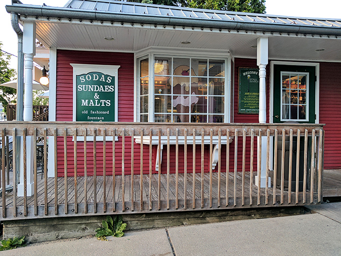 The red clapboard exterior of Jersey Junction glows like a beacon of sweetness against the evening sky, promising frozen happiness within.