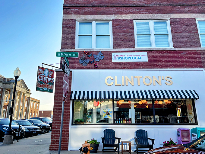 The classic storefront beckons with its vintage charm&mdash;Clinton's iconic awning and cozy outdoor seating invite you to step back in time on Independence Square.