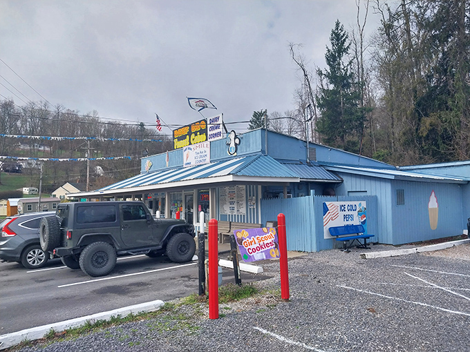 The blue beacon of happiness! Dairy Creme Corner's cheerful exterior has been calling West Virginians home to frozen paradise since 1950.