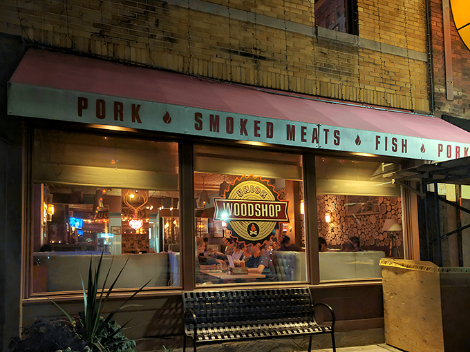 The unassuming brick exterior of Union Woodshop hides a smoky paradise within. Like finding a treasure map in your attic&mdash;the adventure begins here.