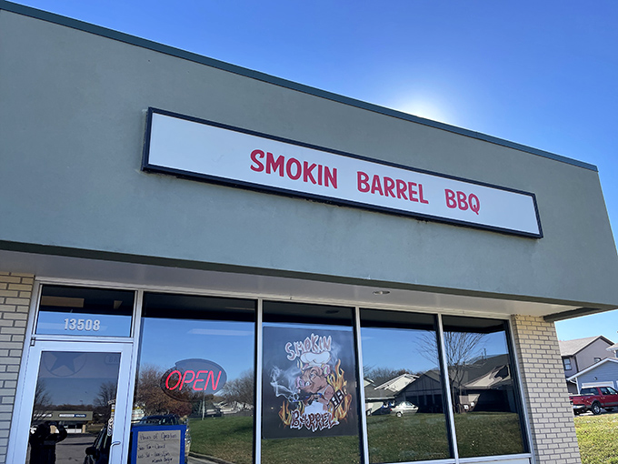 The unassuming storefront that houses barbecue greatness. Like finding a diamond in a strip mall, Smokin Barrel's exterior promises smoky treasures within.