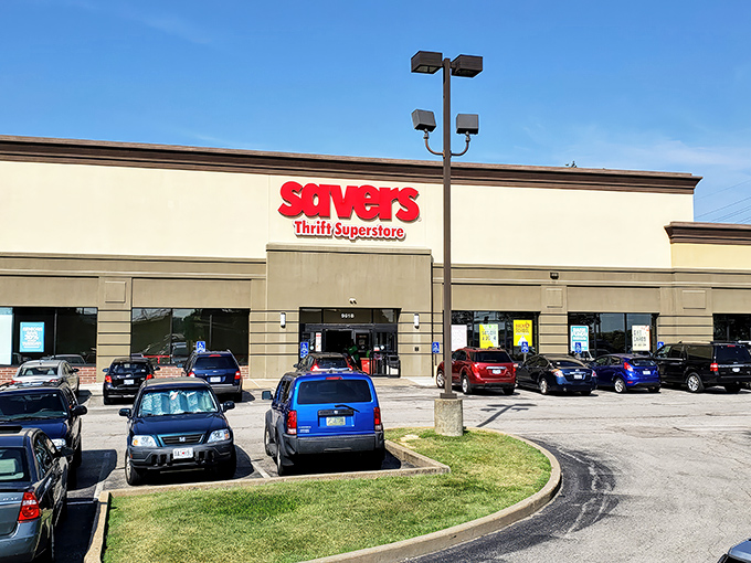 The unassuming exterior of Savers in Sappington beckons bargain hunters with its bright red signage&mdash;retail therapy without the retail prices.