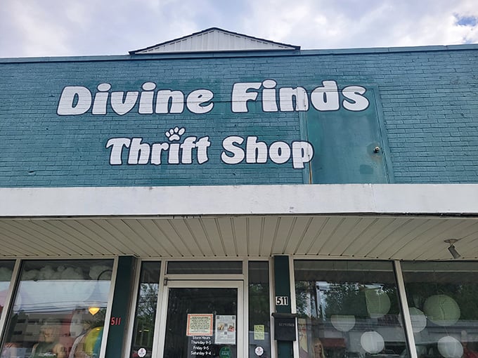 The teal storefront of Divine Finds stands like a portal to another era, inviting treasure hunters to step through and begin their journey.