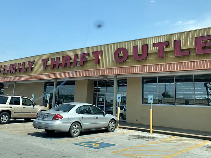 The iconic red lettering of Family Thrift Center Outlet stands bold against the Houston sky, like a beacon calling all treasure hunters to adventure.