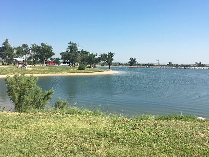 Crystal clear waters stretch to the horizon, proving that sometimes the best beaches aren't anywhere near an ocean. Oklahoma's liquid surprise.