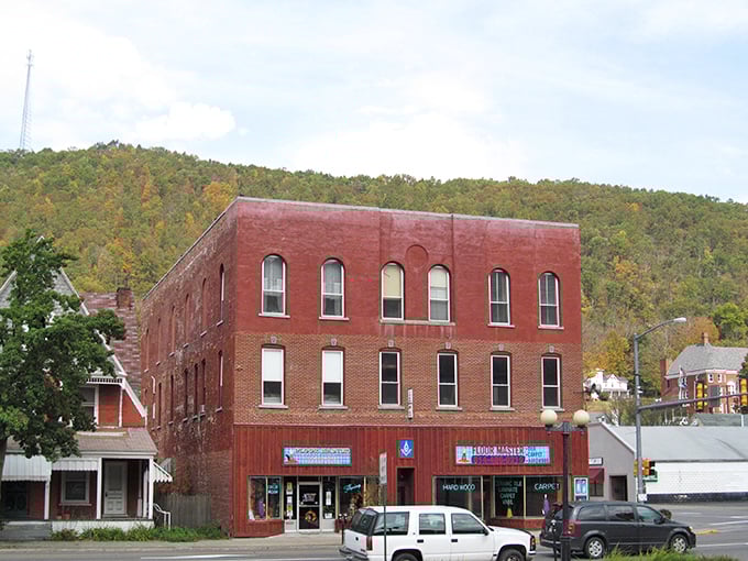 Historic brick storefronts line Emporium's main street, where Guppy's Clothes offers small-town retail therapy without big-city price tags.