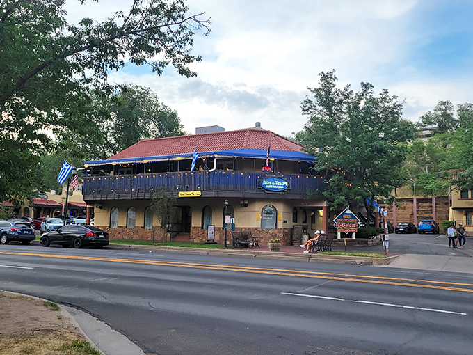 The terracotta roof and Mediterranean blue trim of Jake and Telly's stands out like a Greek island mirage in Colorado Springs' historic district.