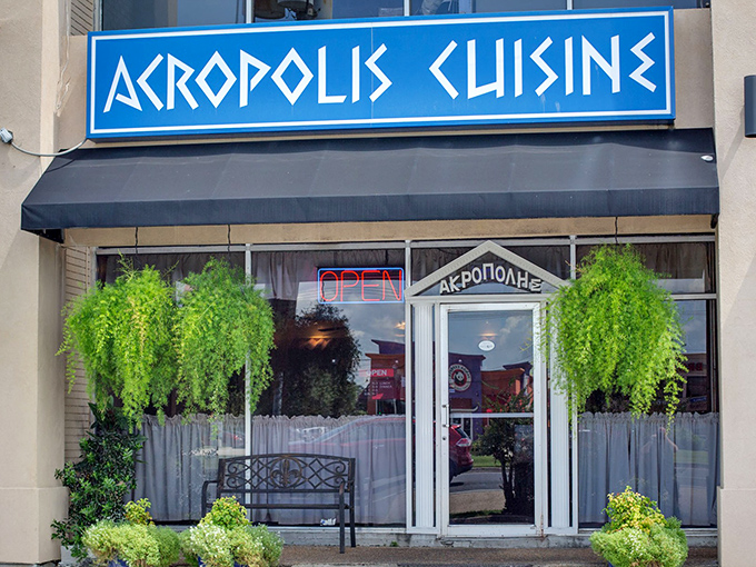 The bright blue sign of Acropolis Greek Cafe stands out like a Mediterranean beacon in Metairie, promising authentic Greek flavors just steps away.