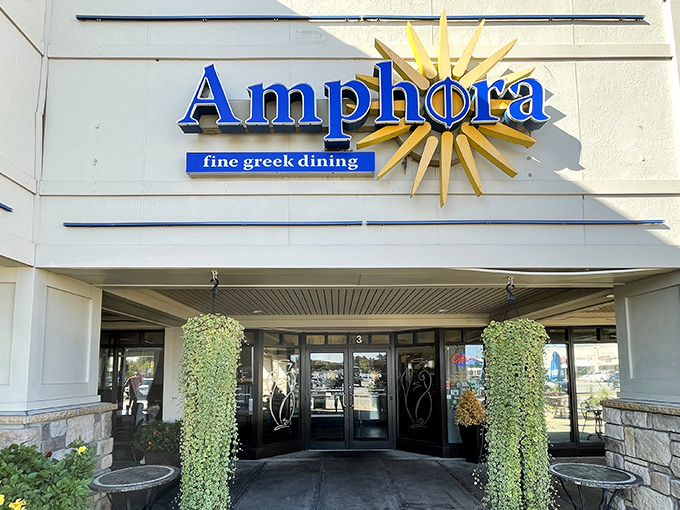 Amphora's welcoming storefront promises Mediterranean delights within, like finding a Greek island vacation hiding in a New Hampshire strip mall.