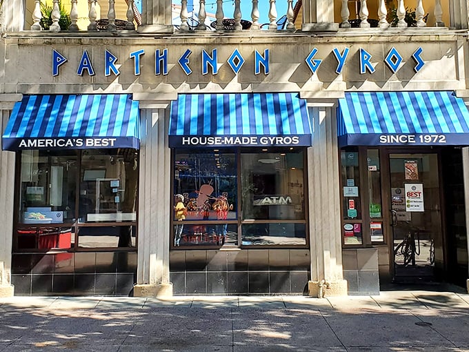 The iconic blue and white Parthenon Gyros storefront stands proudly on State Street, like a little slice of Santorini dropped into downtown Madison.
