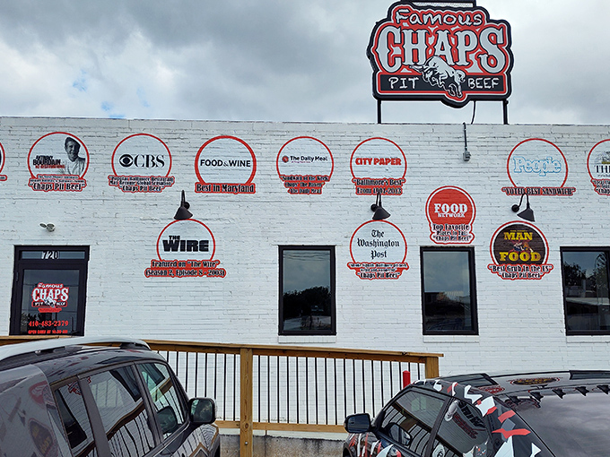 The wall of fame doesn't lie. Chaps Pit Beef's exterior showcases its culinary credentials like a barbecue hall of fame inductee.