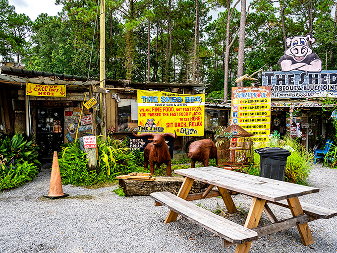Welcome to BBQ paradise! The Shed's rustic exterior looks like what would happen if a junkyard and comfort food had a beautiful love child.