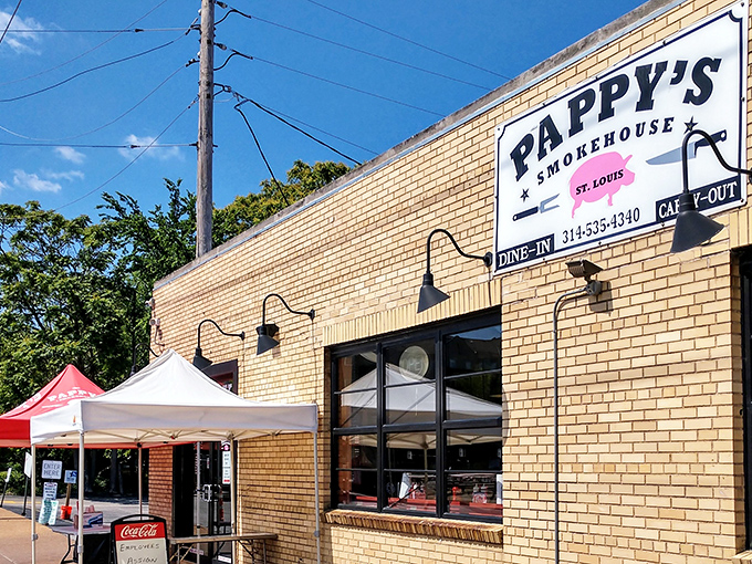 The unassuming yellow brick exterior of Pappy's Smokehouse hides a barbecue paradise within. That line of people? They know something you should too.