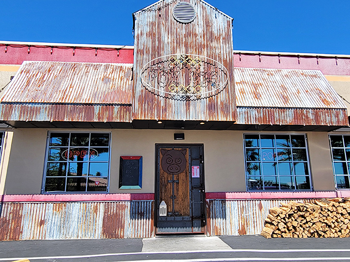 That neon pig sign isn't just decoration&mdash;it's a beacon of hope for the barbecue-deprived, glowing like a meaty North Star in Boulder City's night sky.