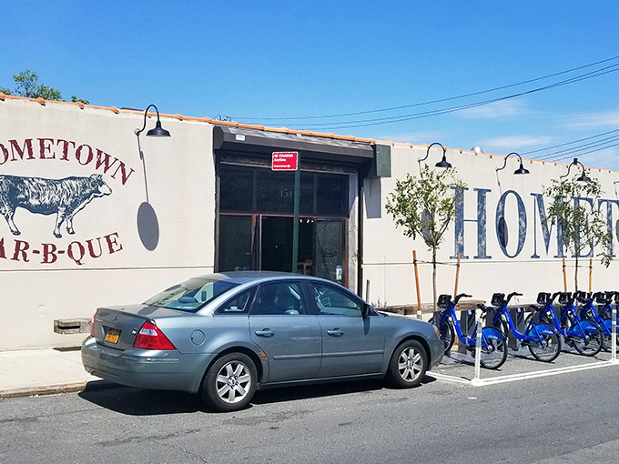 The unmistakable exterior of barbecue paradise, complete with that massive smoker that's practically a Brooklyn landmark. Meat magic happens here.