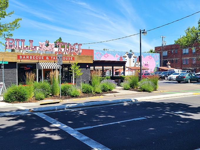 The iconic red exterior with its bold "BARBECUE" sign promises smoky delights within. Like a barbecue beacon calling to hungry travelers.