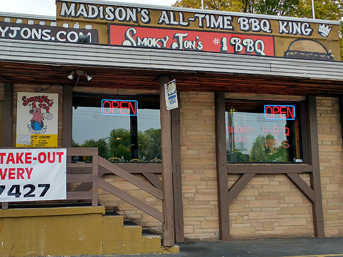 "Madison's All-Time BBQ King" isn't just bragging&mdash;it's a promise carved in smoke and sealed with sauce. The humble exterior belies the flavor explosion waiting inside.
