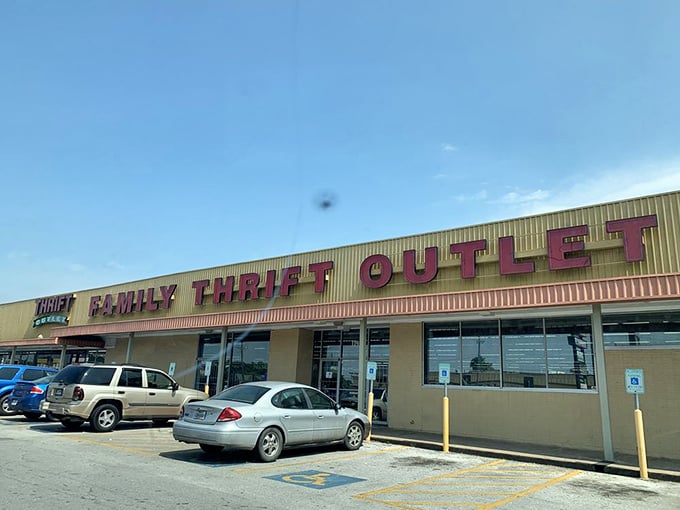 The golden facade of Family Thrift Center Outlet stands like a beacon of bargain hope along Houston's Little York Road.