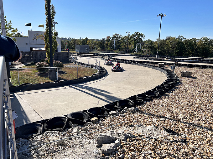 The winding concrete track at Xtreme Racing Center beckons speed enthusiasts with its professional-grade curves and tire barriers. Formula 1 dreams on a Branson budget!
