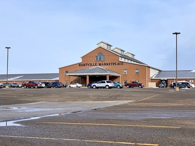 The brick facade of Hartville MarketPlace stands like a retail cathedral, promising treasures within. Even the parking lot buzzes with anticipation.