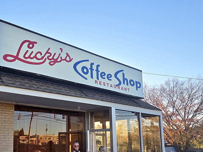 The iconic Lucky's sign welcomes you like an old friend, promising comfort food and conversations that'll make your morning shine.