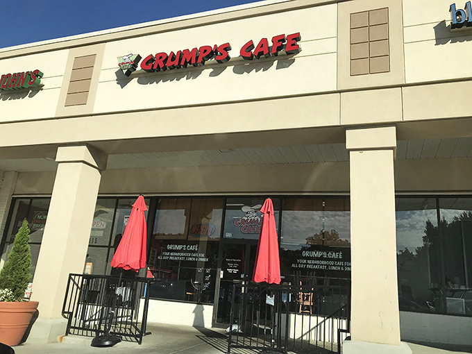 The unassuming strip mall exterior of Grump's Cafe proves once again that the best breakfast joints often hide in plain sight. Those red umbrellas are practically waving you in!
