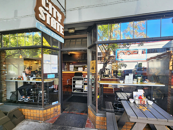 The iconic City State sign beckons hungry Portlanders like a lighthouse for the breakfast-obsessed. Those picnic tables have witnessed countless weekend recovery brunches.