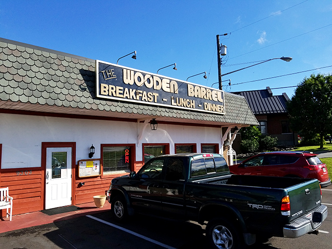 The unassuming exterior of The Wooden Barrel stands like a culinary lighthouse in West Chester Township, beckoning hungry travelers with its straightforward promise of "BREAKFAST - LUNCH - DINNER."