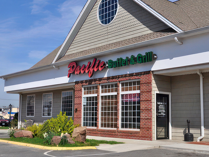 The red and green neon sign of Pacific Buffet & Grill beckons like a lighthouse for the hungry traveler navigating suburban Connecticut.