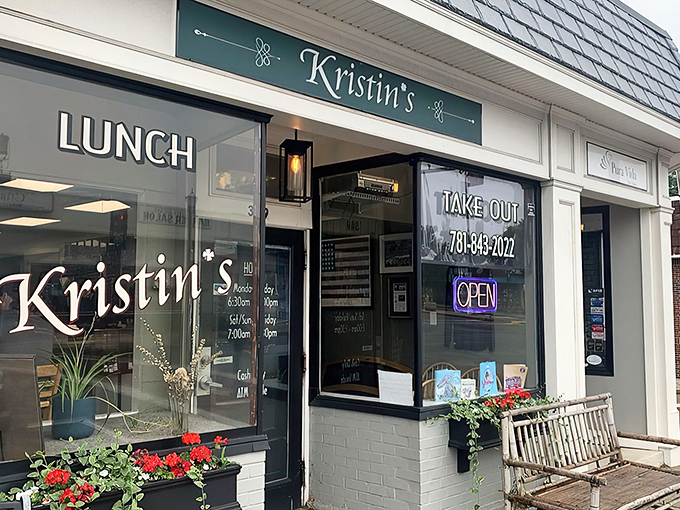 The inviting storefront of Kristin's promises breakfast paradise with its charming navy umbrellas and Early Bird Special that might make you do a double-take at the wallet-friendly prices.