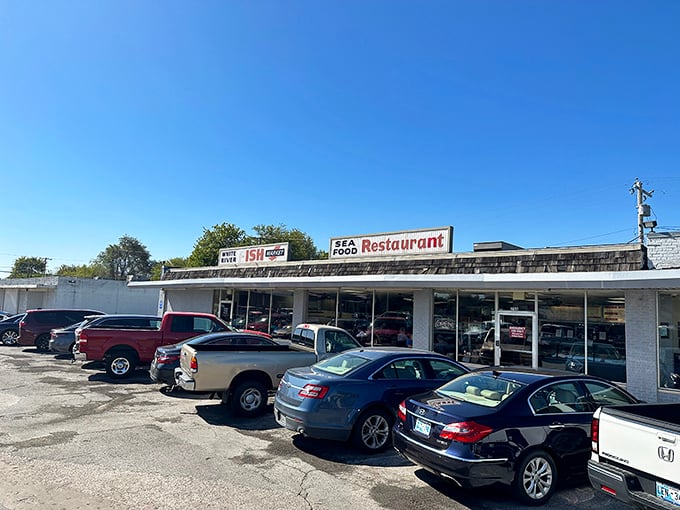 The unassuming storefront speaks volumes: full parking lot, simple signage, and the promise of seafood that makes Oklahomans forget they're landlocked.