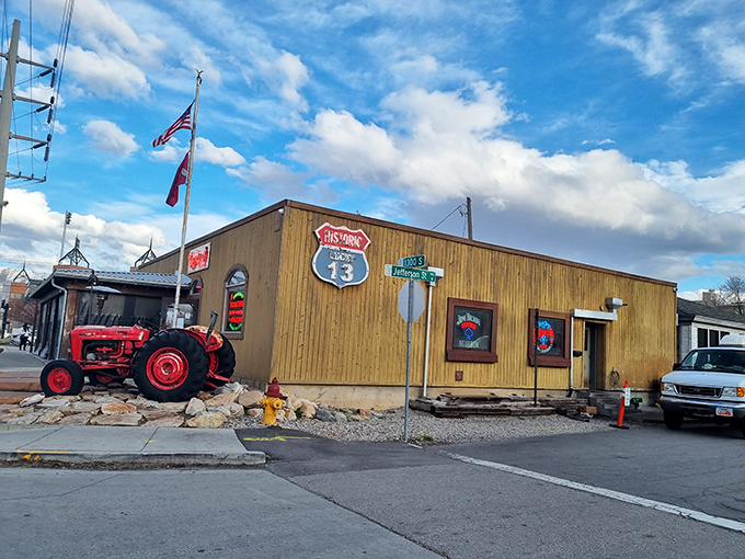 The unassuming wooden exterior of Lucky 13 with its vintage tractor might fool you. This is burger Valhalla disguised as a roadside stop.