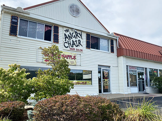 The unassuming exterior of The Sloppy Waffle shares space with The Angry Chair Salon&mdash;a pairing that somehow makes perfect sense in Connecticut's charming landscape.