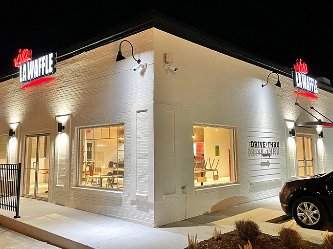 The unassuming white exterior of Viva La Waffle hides a culinary revolution within. Like finding a diamond in a plain setting.