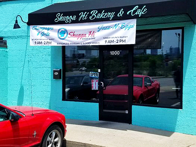 The turquoise beacon of breakfast bliss stands out like a dessert oasis in Nashville. "Dessert First Please!" isn't just wall art&mdash;it's a life philosophy.