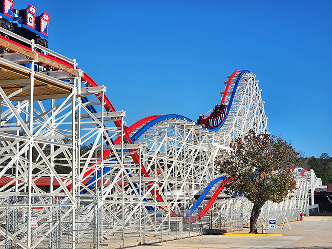 ArieForce One's patriotic red, white, and blue tracks climb skyward – a magnificent wooden coaster promising both nostalgia and thrills.