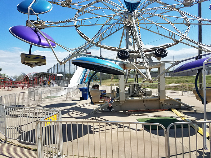 The classic swing ride at All Star Adventures sends riders soaring through the Kansas sky, proving that simple thrills never go out of style.