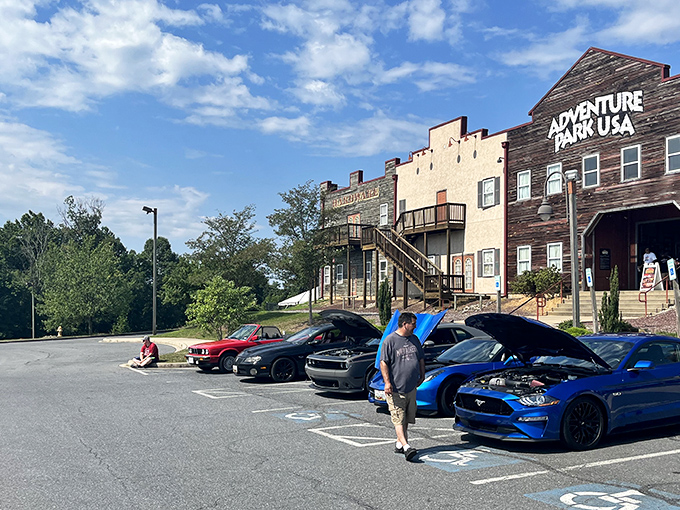 The Western-themed fa&ccedil;ade of Adventure Park USA welcomes visitors with rustic charm and the promise of old-school fun waiting just beyond those wooden doors.