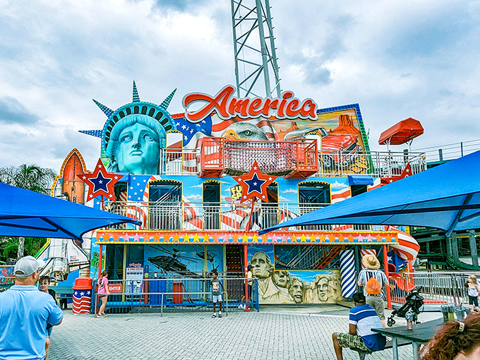 The bird's-eye view reveals Fun Spot's cheerful blue and yellow buildings&mdash;like a LEGO creation brought to life in the Florida sunshine.