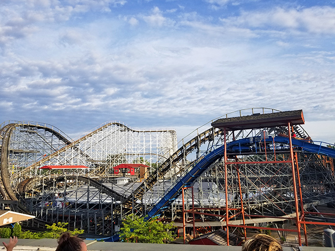 The wooden beauty of Hoosier Hurricane looks even more impressive against Indiana's sky—proof that roller coaster architecture is its own magnificent art form.